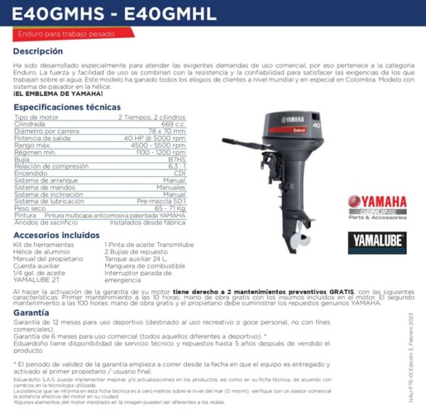 Motor Fuera de Borda Yamaha Enduro 40 HP – Modelos E40GMHS / E40GMHL ...